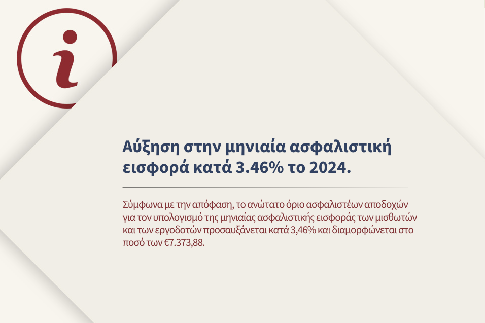 Αύξηση στην μηνιαία ασφαλιστική εισφορά κατά 3.46% το 2024.